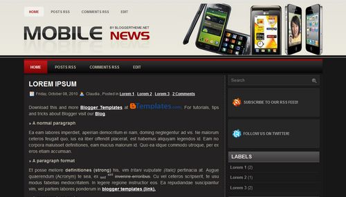 Mobile News Blogger template - BTemplates