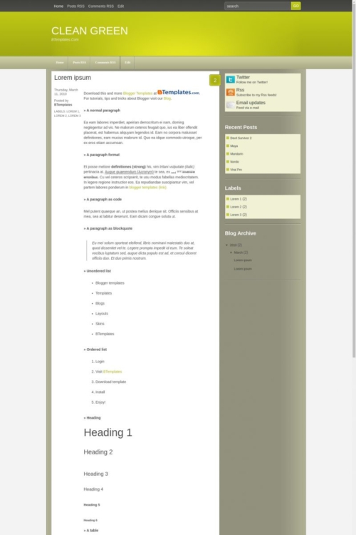 Clean Green Blogger Template - BTemplates