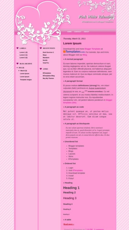 Pink White Valentine Blogger Template - BTemplates