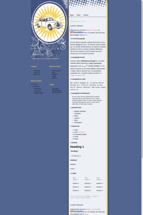 Retro Car Blogger template - BTemplates