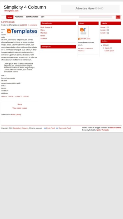 Simplicity 4 Coloumn Blogger Template - BTemplates